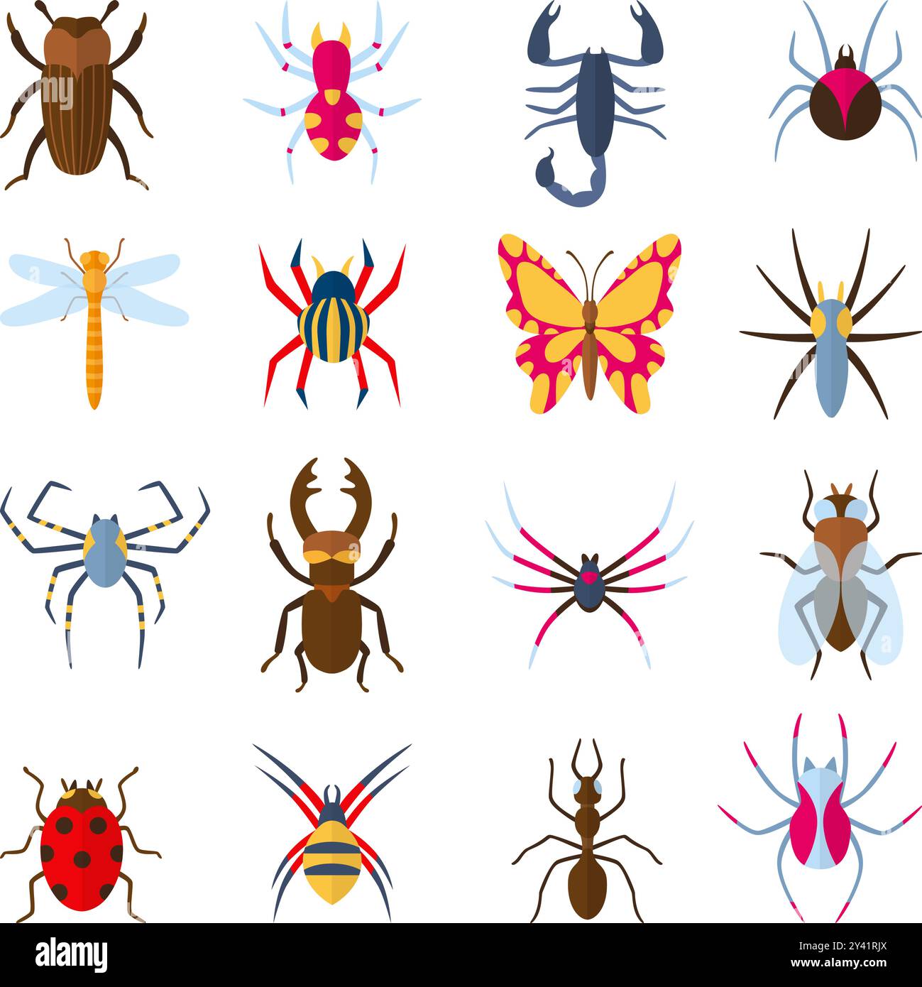 Flat insects. Spiders butterfly bugs fly dragonfly scorpio ladybug ...