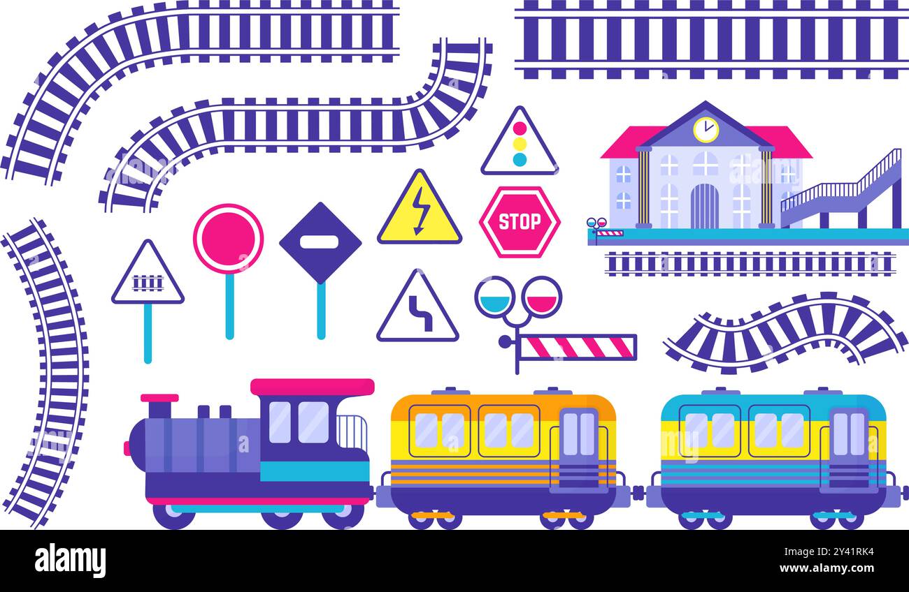 Cartoon railway elements. Steam train and wagons, rails silhouettes ...