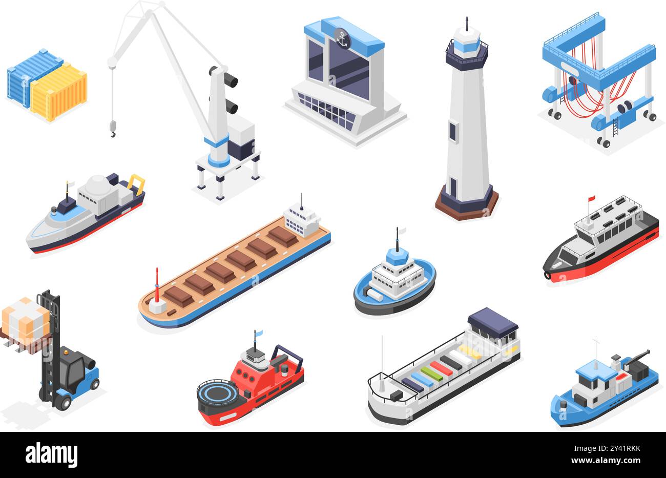 Isometric seaport elements. Industrial marine port 3d icons. Vessels ships lighthouse cargo ...