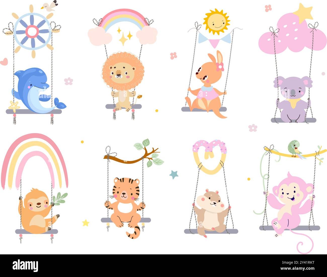 Animals riding on swings. Cartoon animal on swing, lion hamster dolphin ...