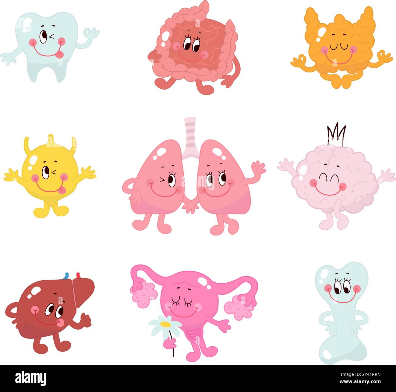 Cartoon internal organs. Funny stomach lungs brain liver bone and tooth ...
