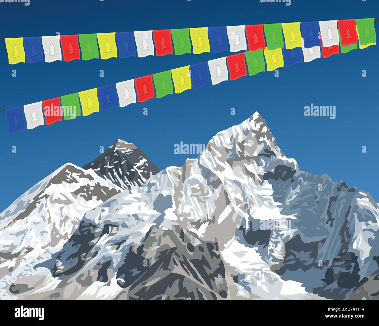 mount Everest and Nuptse peak with prayer flags as seen from Kala ...