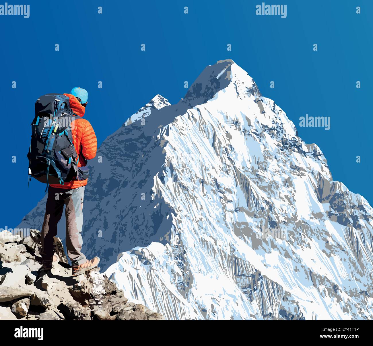 Mount Nuptse with hiker, mountain vector illustration, Nepal Himalayas ...