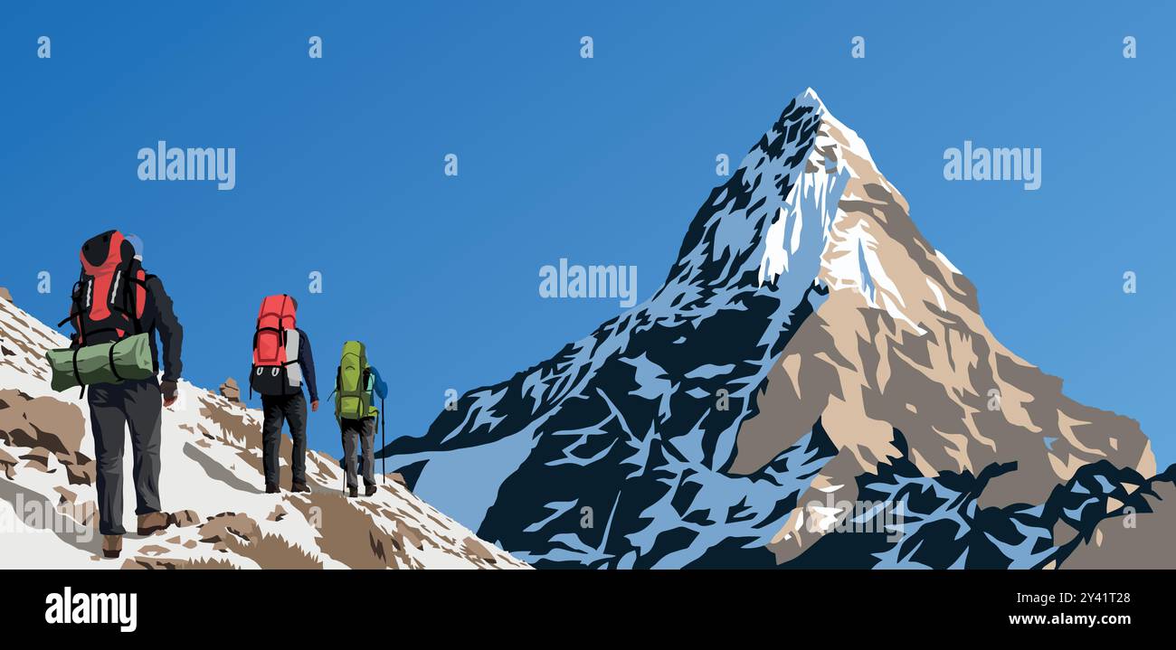 Mountain vector illustration, three hikers, Himalayas mountains ...