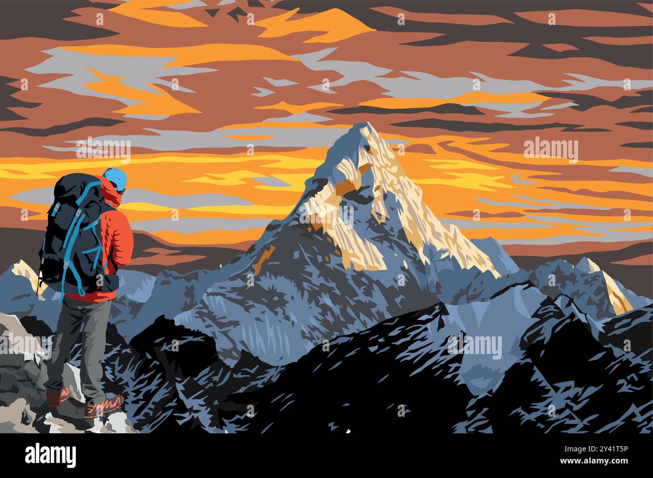 mount Ama Dablam peak with beautiful sunset sky and hiker on the way to ...