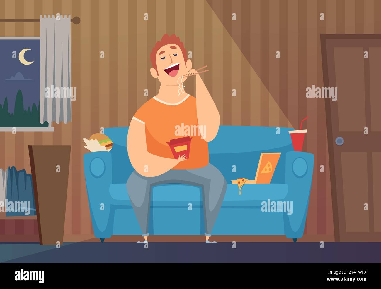 lazy man. fat character sitting on sofa in messy room and eating junk ...