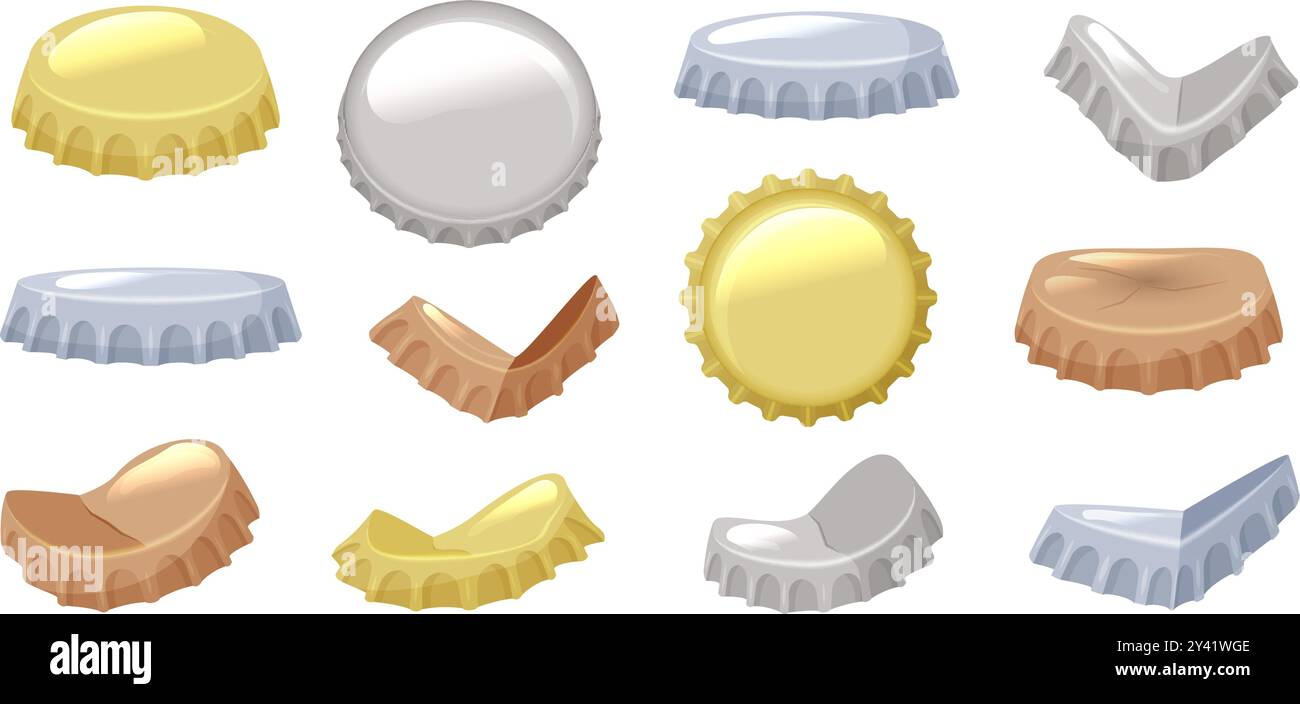 Bottle caps. Different views of damaged metal round caps from drinks ...