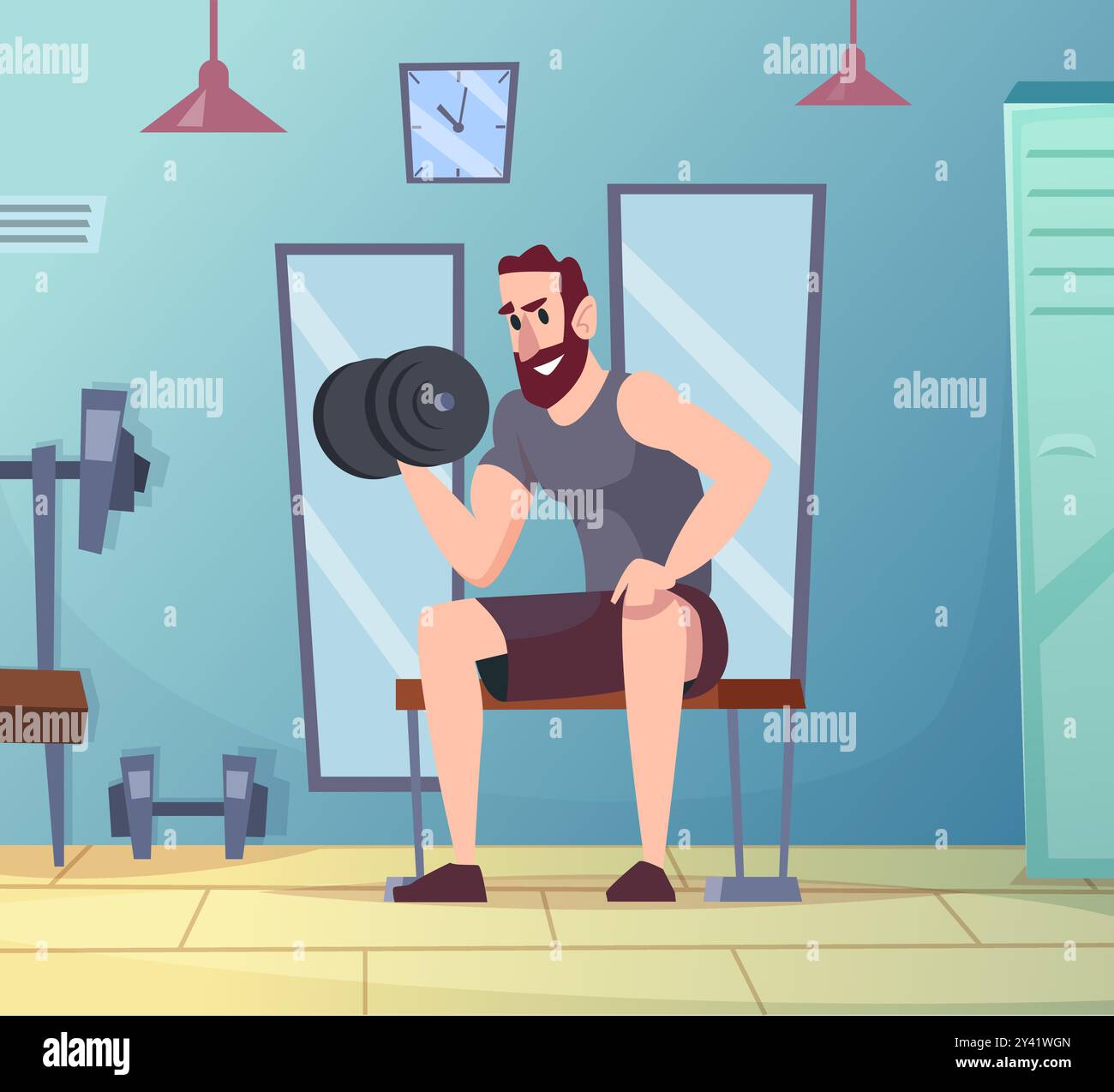 gym character. strong man making fitness exercises to biceps. vector ...