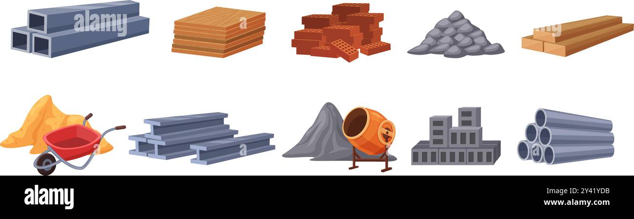 Cartoon building materials. Piles of bricks, stones, metal pipes and ...