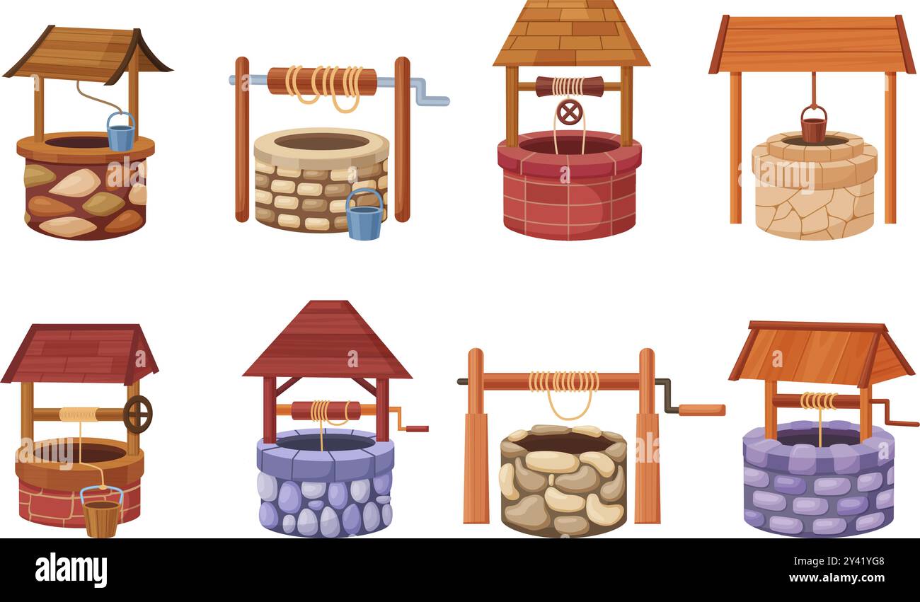 Cartoon stone water wells. Stones and bricks well with buckets on ropes ...