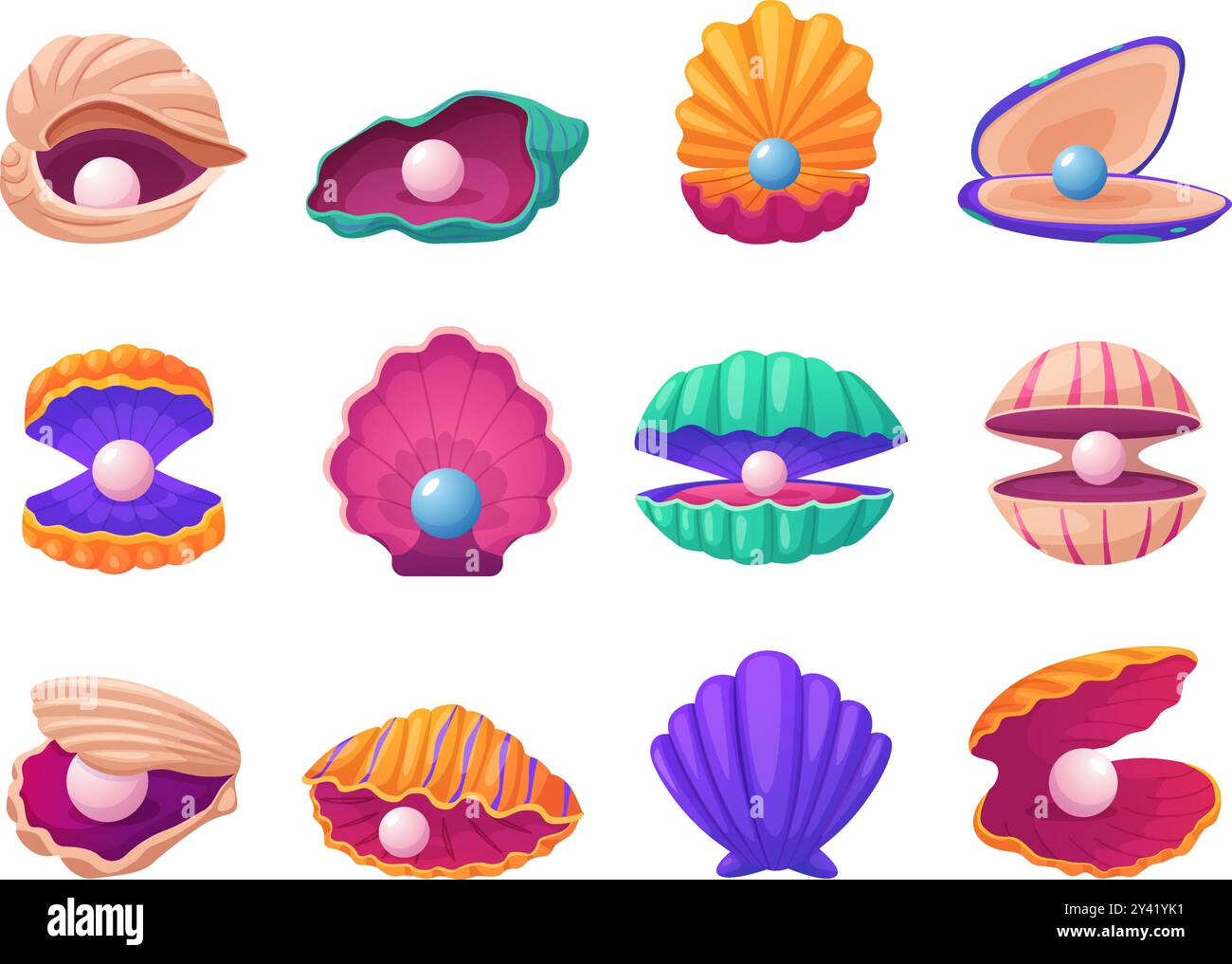 Natural shells with pearls. Different shell, cartoon open close ...