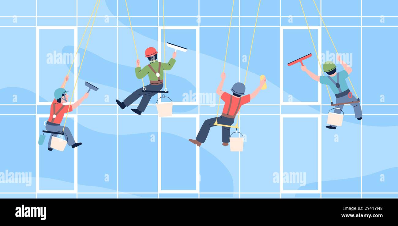 Industrial alpinists wash window. Professional climbers cleaning large ...