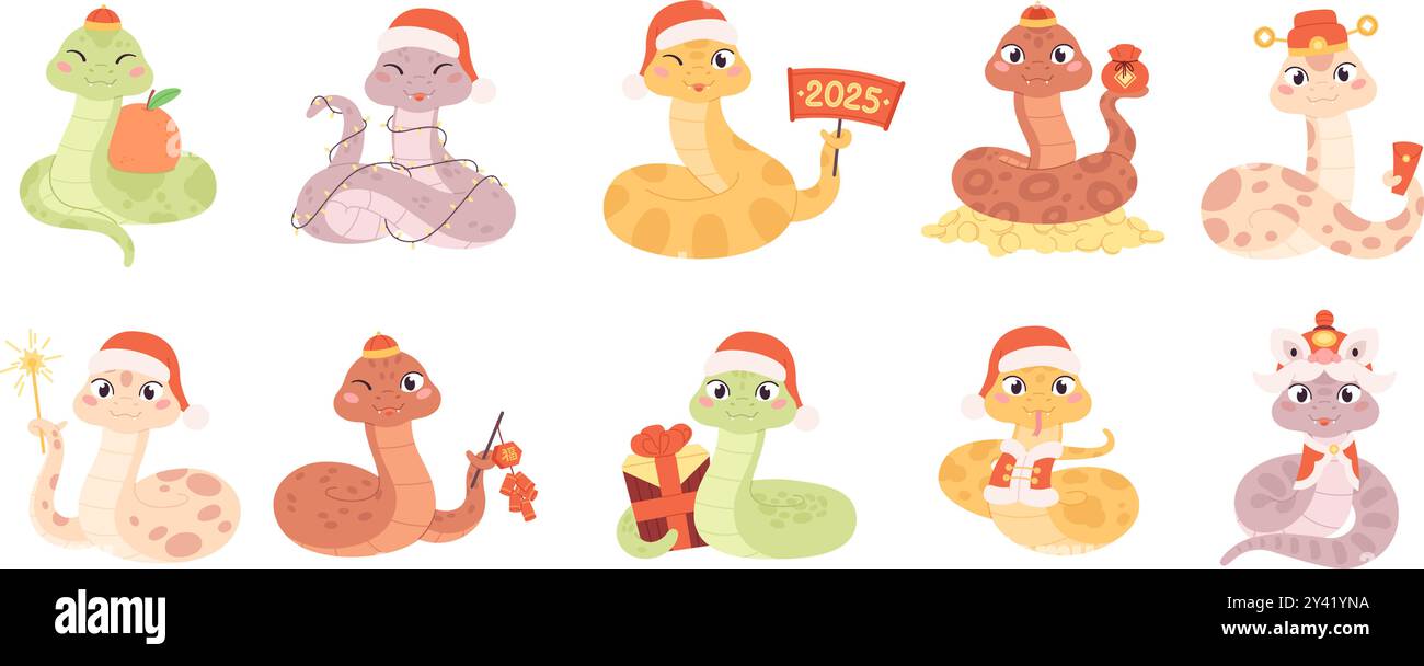 New year snakes. Funny cartoon snake chinese new year party symbols ...