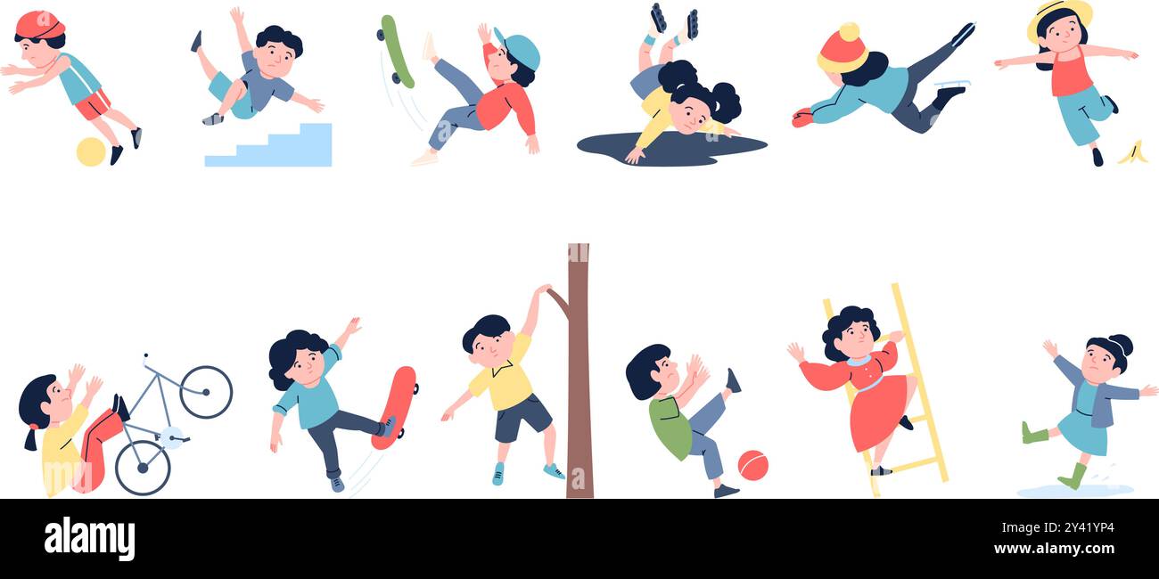 Kids fall down. Children falling from tree ladder staircase, slip and ...