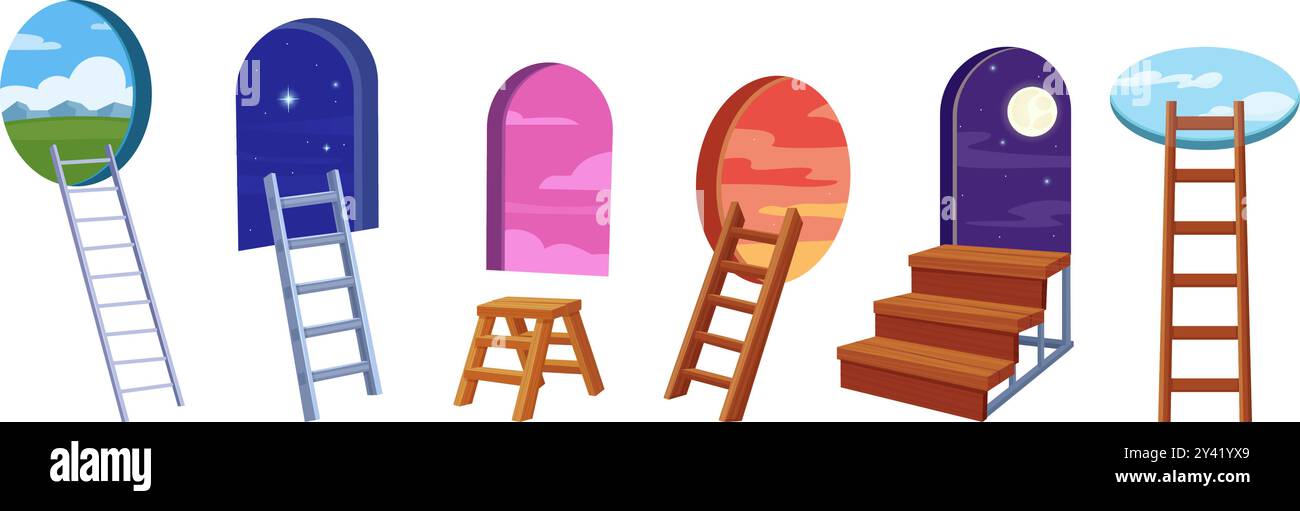 Cartoon surreal stairs. Vibrant windows view, metal wooden staircases ...