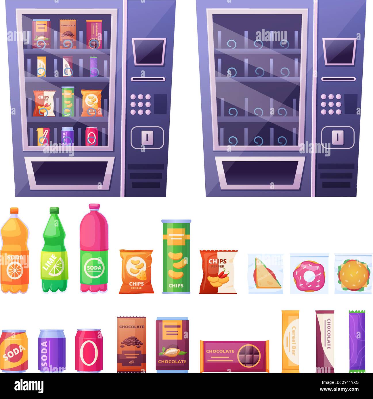 Full empty vending machine. Take away or to go snacks in automatic. Chocolate drinks in can ...