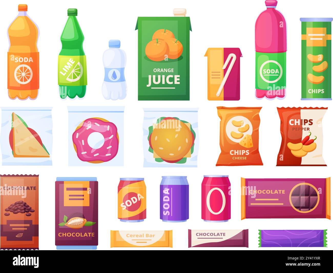 Cartoon vending products. Chocolate and cereal bars, drinks in cans and ...