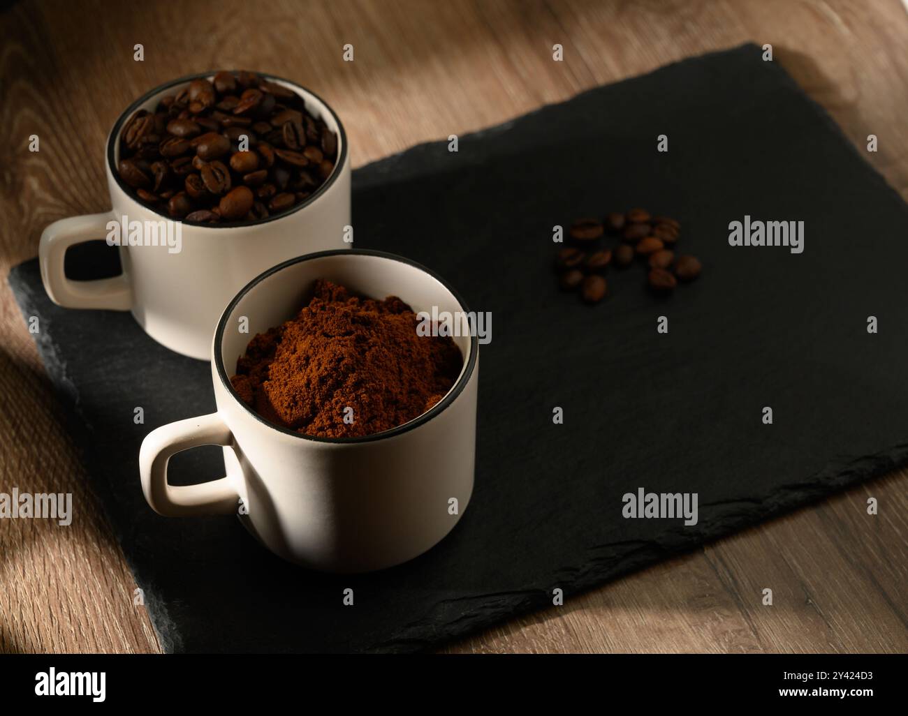 cups of coffee, phases of drink - bean, ground and empty cup Stock ...