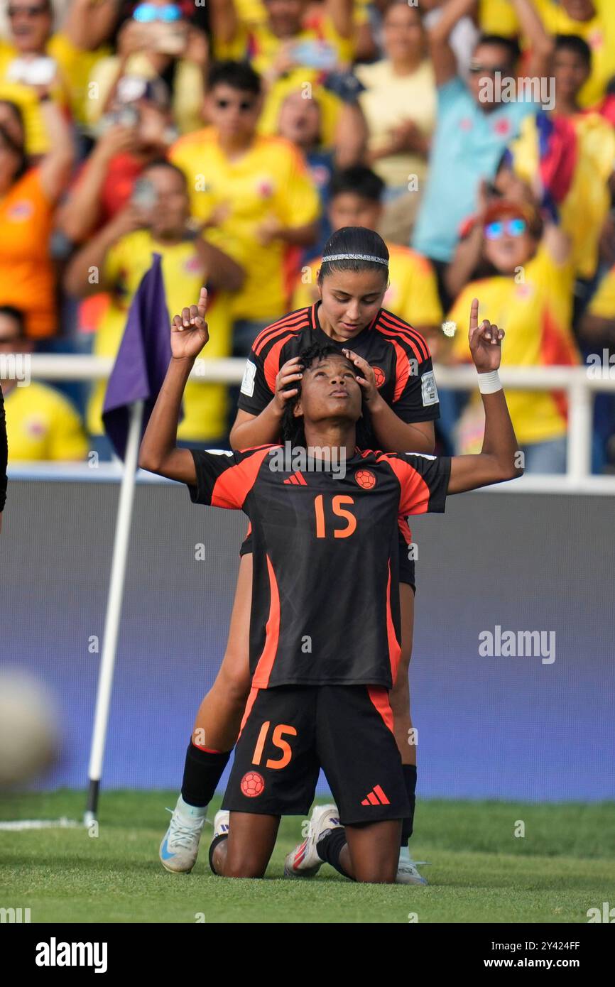 Colombia's Karla Torres (15) celebrates scoring her side's opening goal ...
