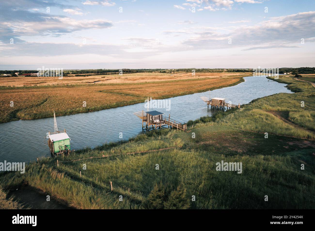Aerial view of the traditional fishing carrelets on a rural river in ...