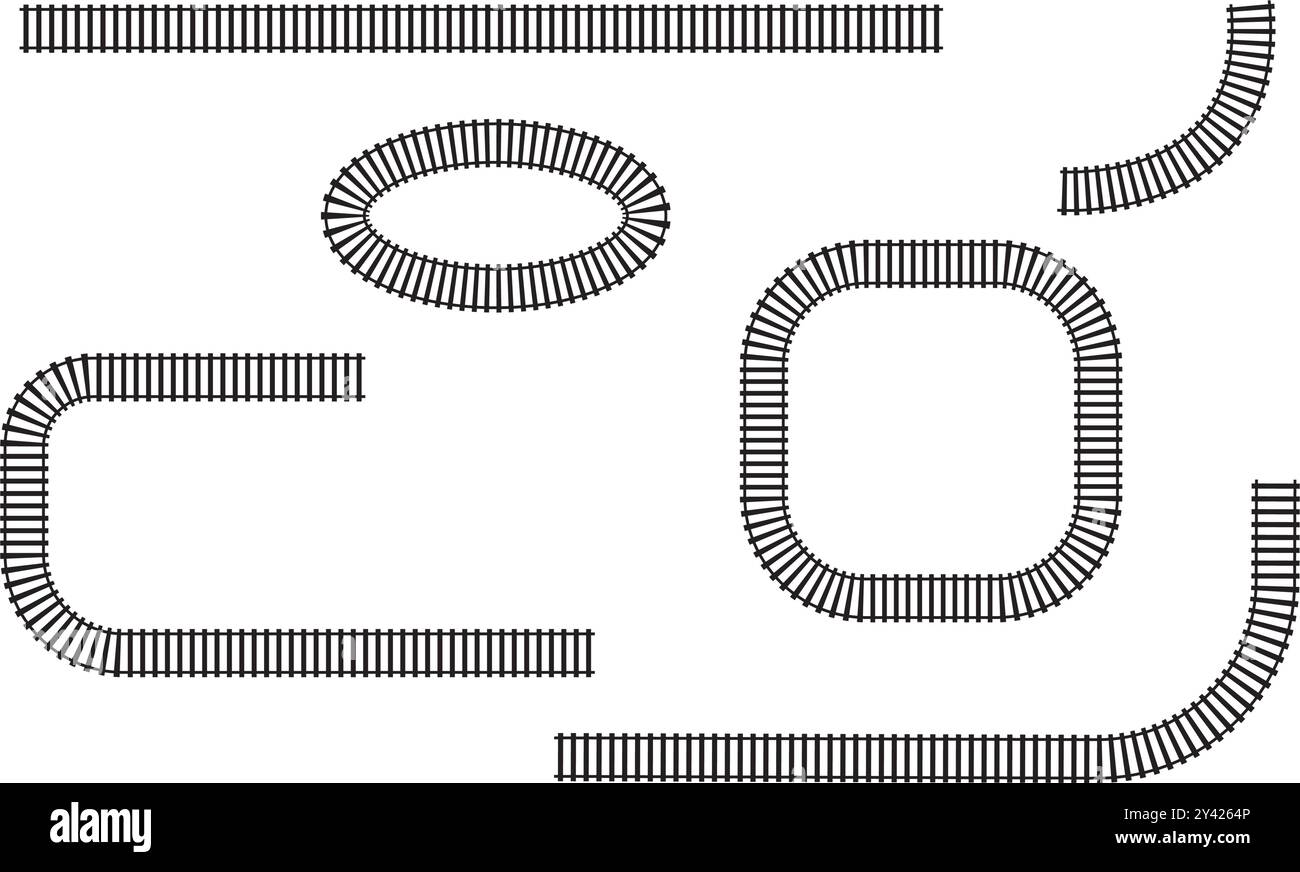 Set of railroad segments. Rail road parts top view. Traintrack straight and waved lines, square ...