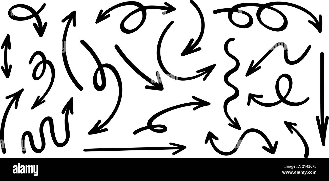 Set of black hand drawn arrow icons. Curved doodle style pointers ...