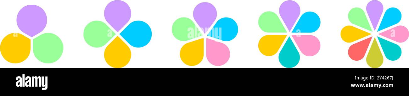 Colorful flower diagrams with petals. Floral pie charts divided on ...