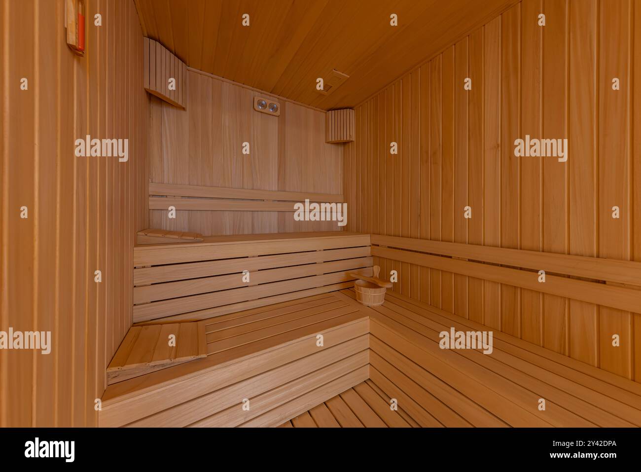 Interior of the Finnish sauna, classic wooden sauna with hot steam ...