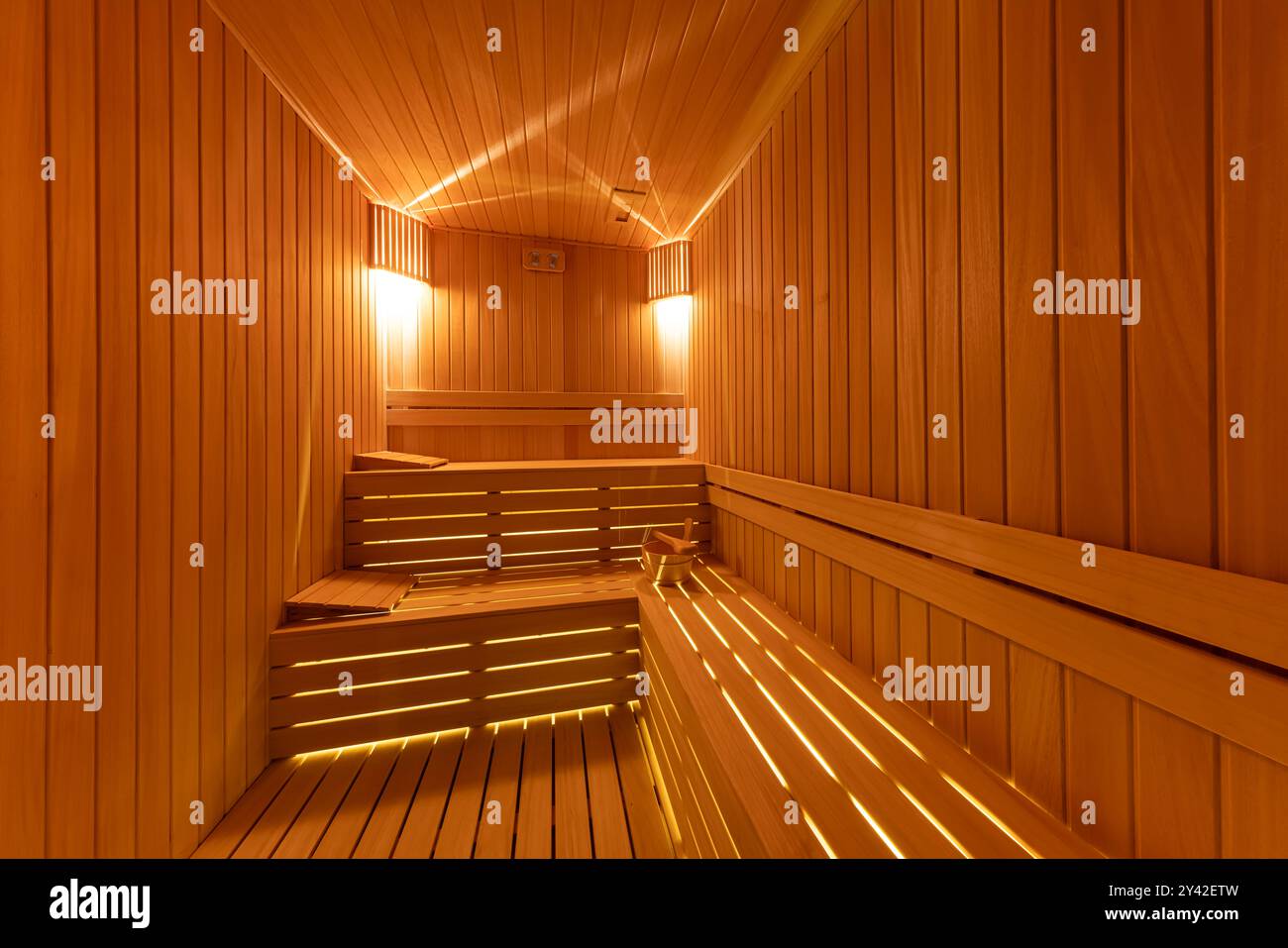Interior of the Finnish sauna, classic wooden sauna with hot steam ...