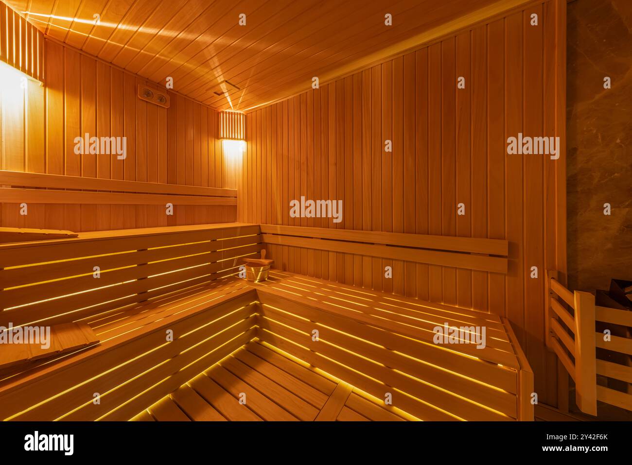 Interior of the Finnish sauna, classic wooden sauna with hot steam ...