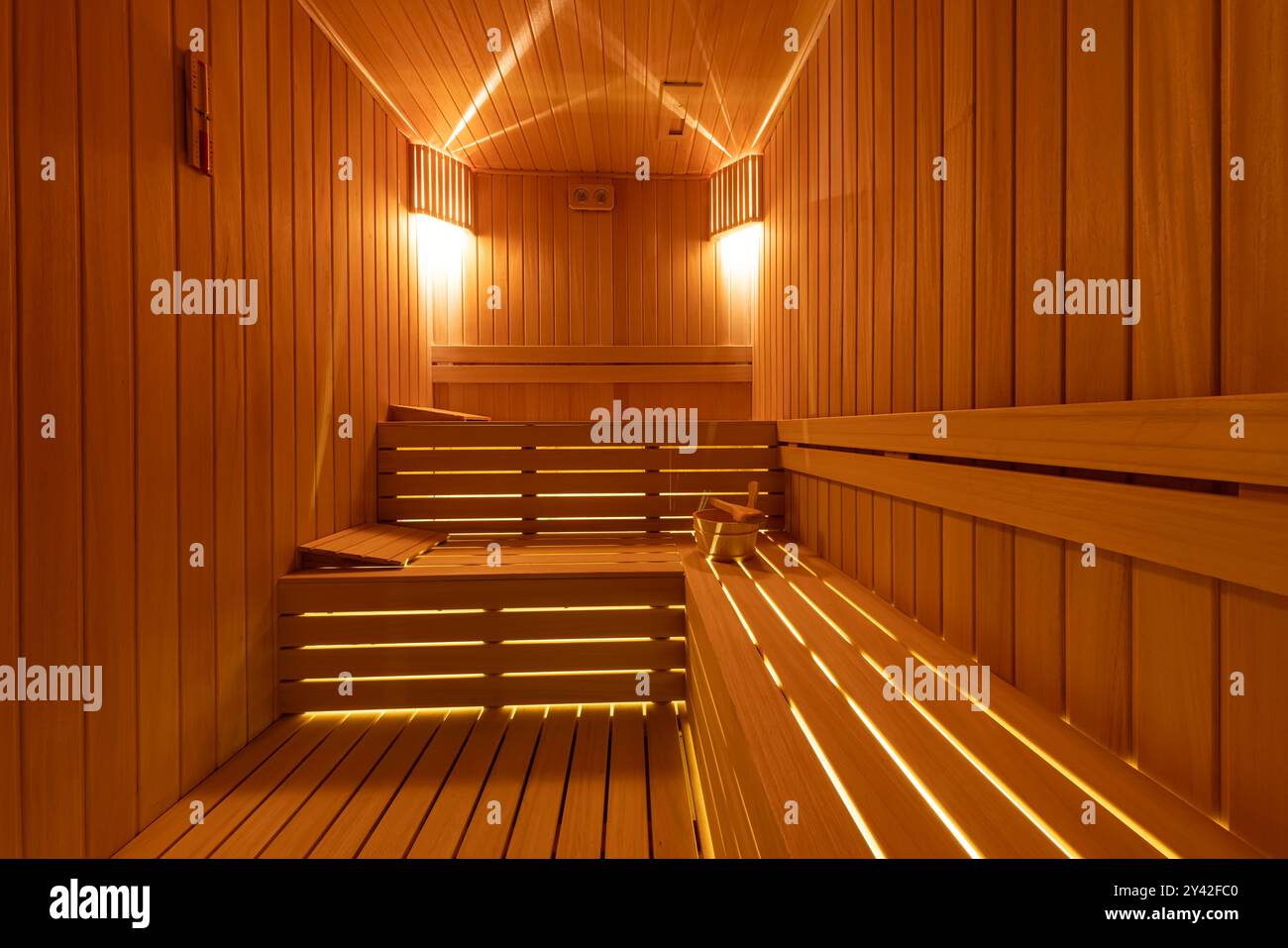Interior of the Finnish sauna, classic wooden sauna with hot steam ...