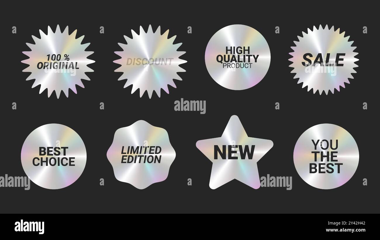 Holographic stickers logos emblem labels color set. For packaging ...