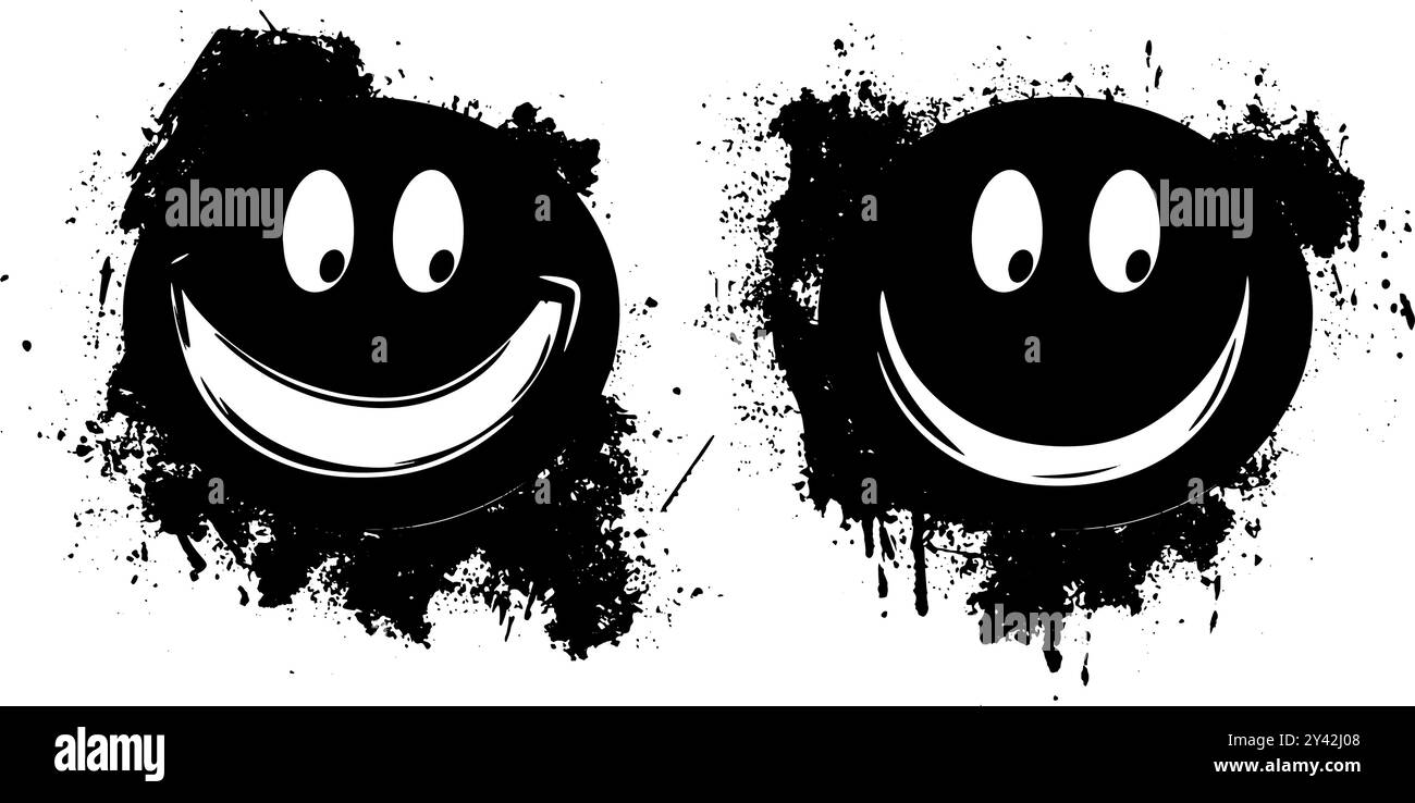 Two black smiley faces with paint splatter effects on a white ...