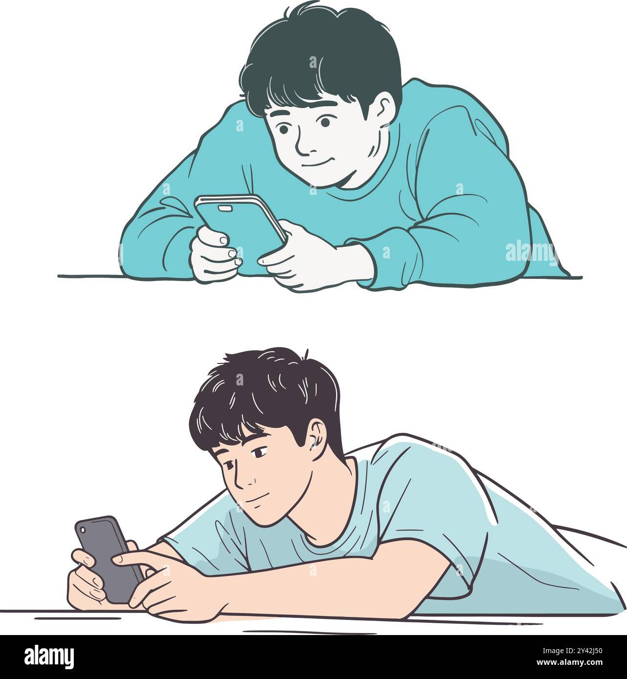 Two young men lying down, focused on their smartphones, shown in a ...