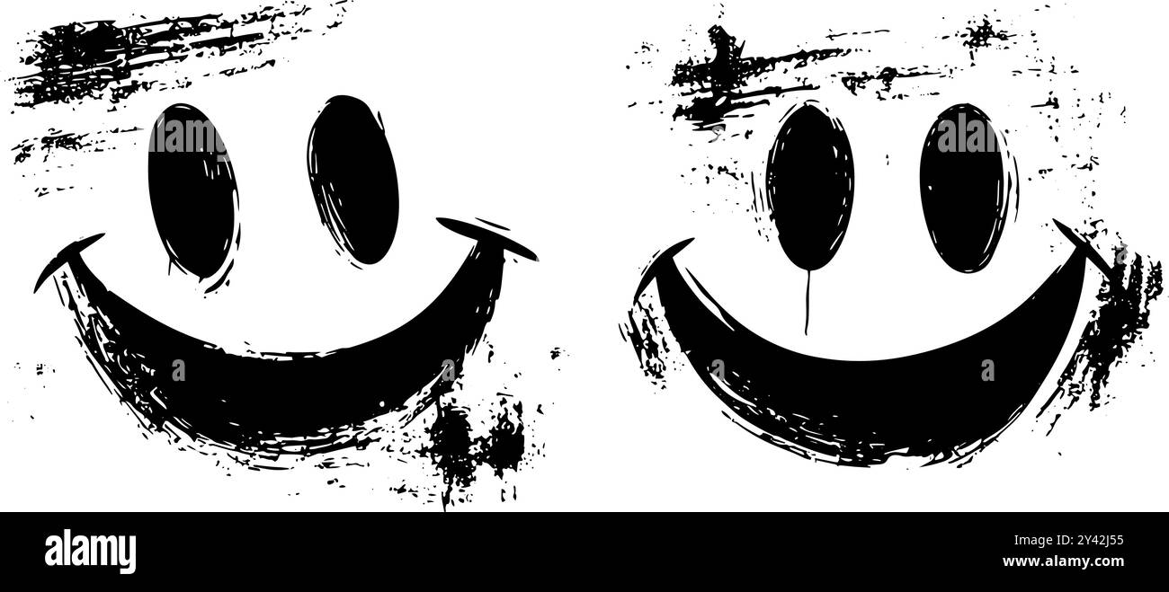 Two grunge-style black smiley faces with brushstroke effects on a white ...