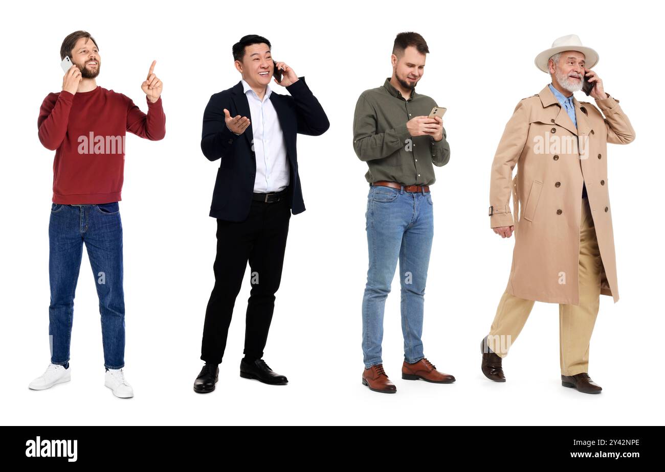 Men using mobile phones on white background Stock Photo - Alamy