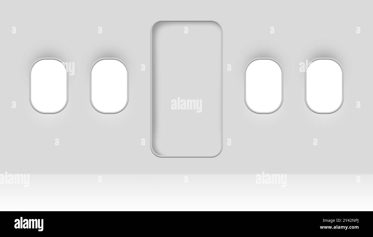 Airplane windows and door, view from inside cabin with white sidewall ...