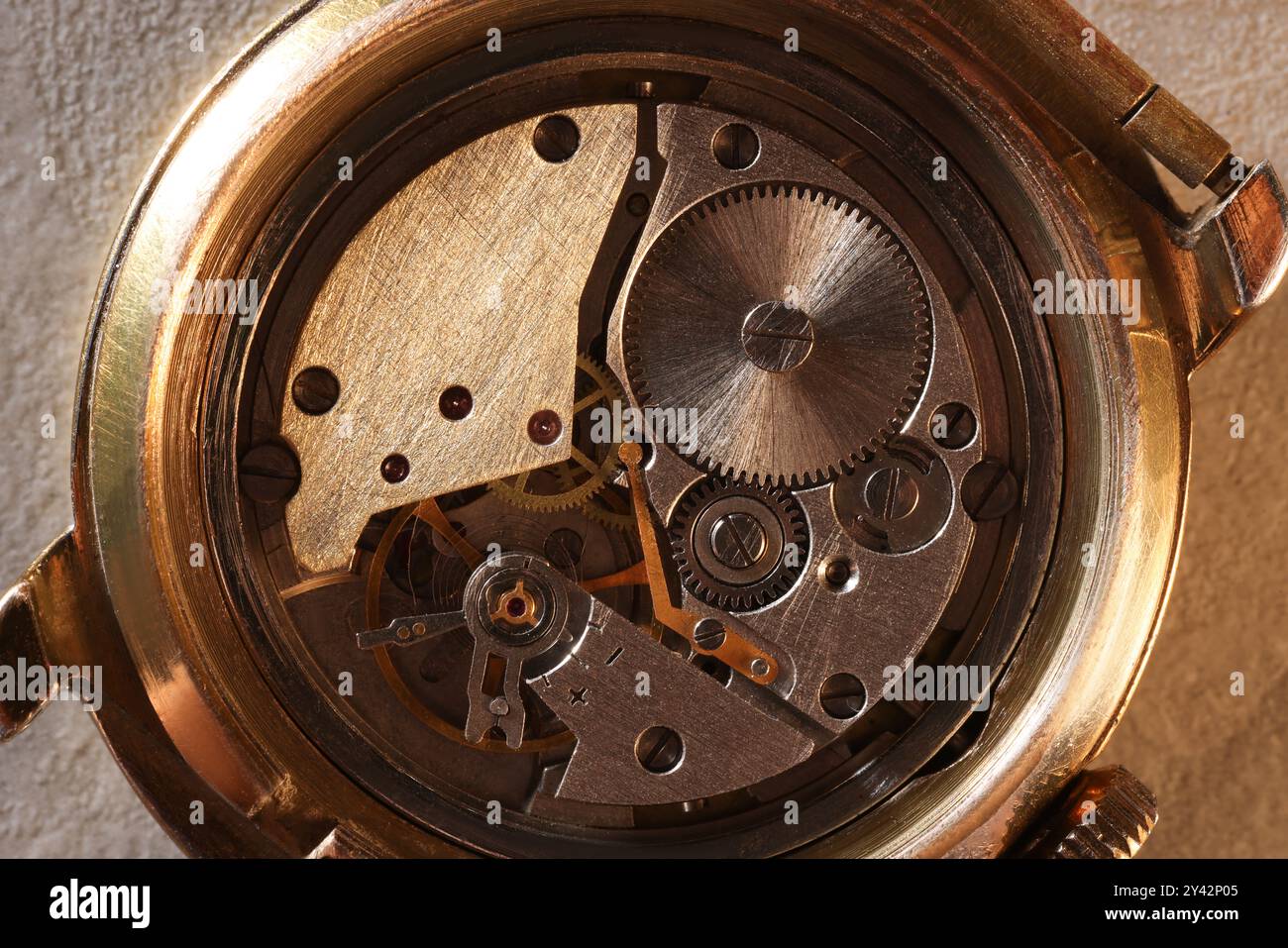 Mechanism of vintage wrist watch on beige background, top view Stock ...