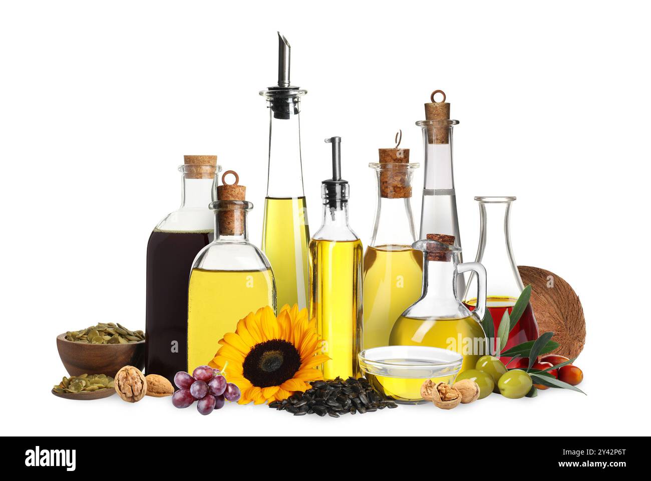 Vegetable fats. Set of different oils and ingredients isolated on white ...