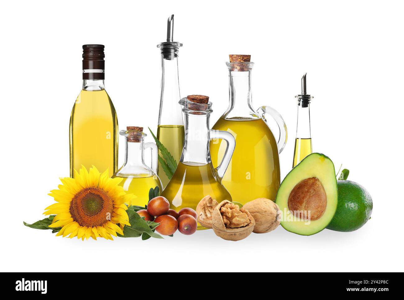 Vegetable fats. Set of different oils and ingredients isolated on white ...
