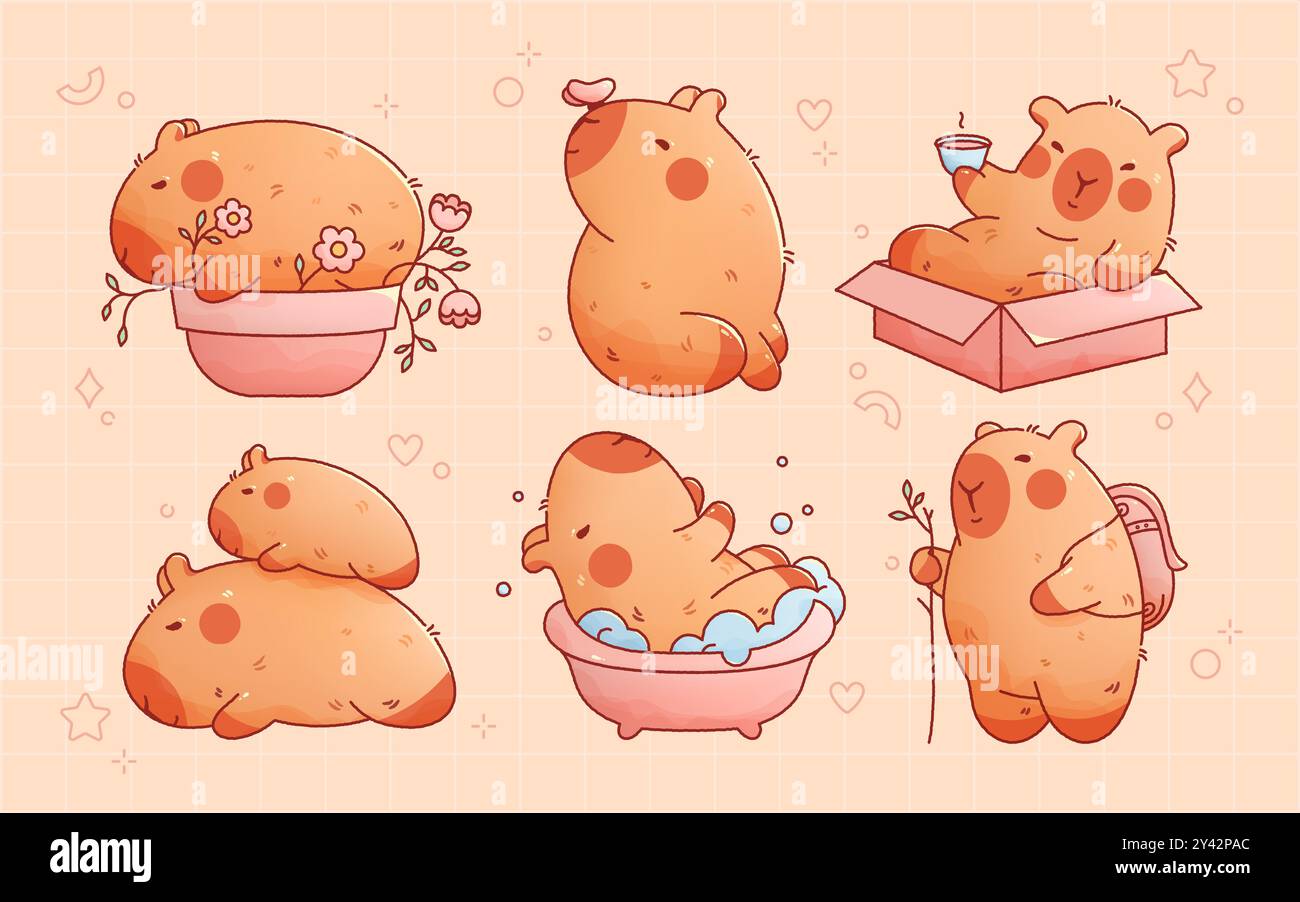 Kawaii cute capybaras set. Funny animals with bath, tea, flowers, butterfly Stock Vector Image ...