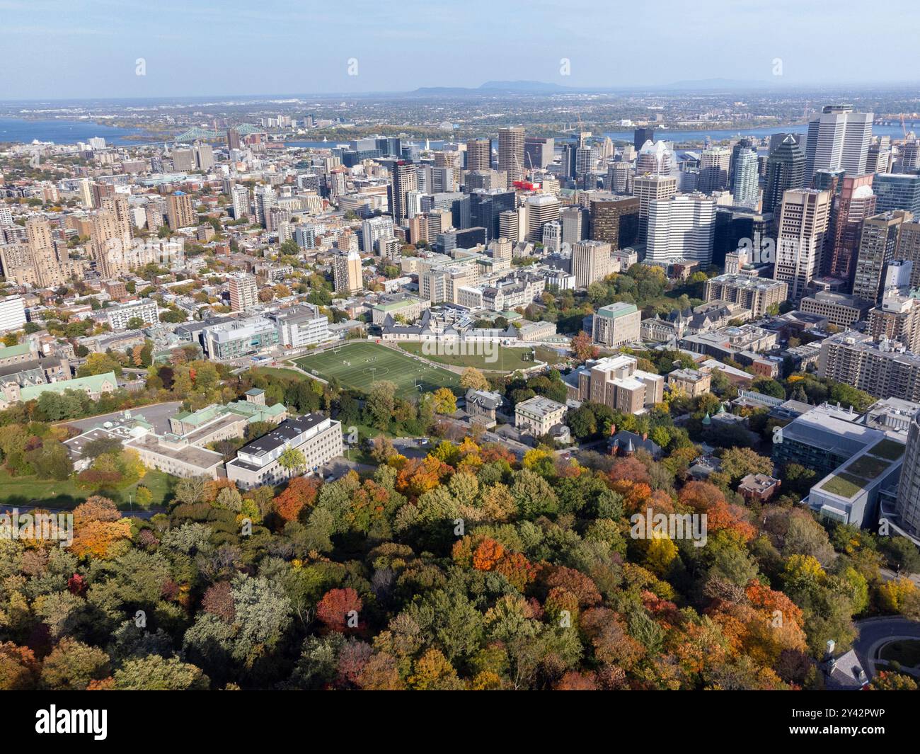 Aerial view of Downtown Montreal city skyline panorama in autumn sunny ...