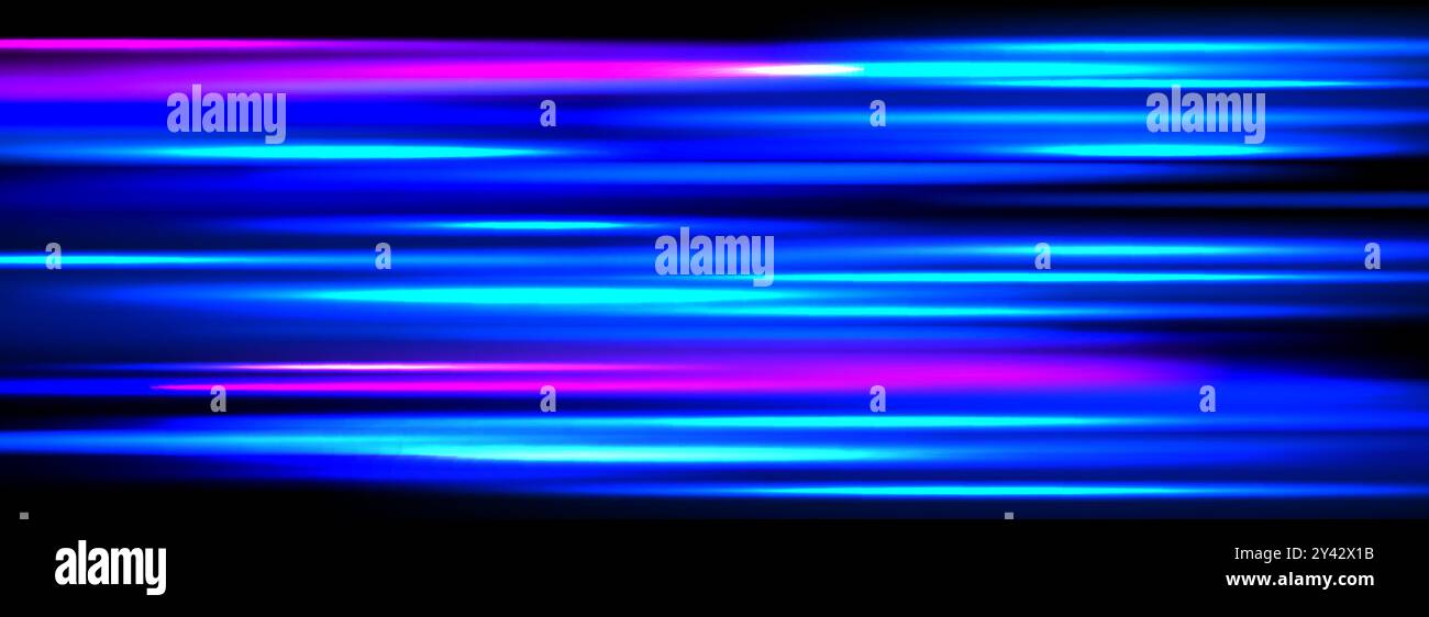 Neon glowing horizontal stripes background. Bright blue speed light ...