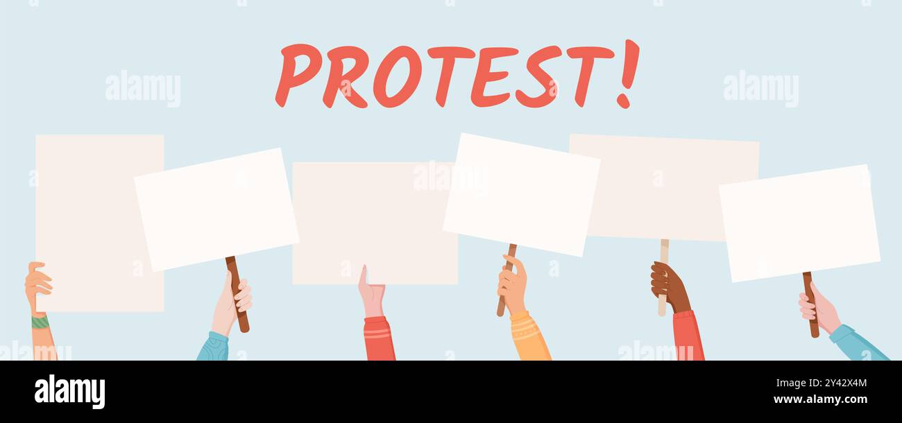 Diverse hands hold blank protest signs under a bold PROTEST Stock ...