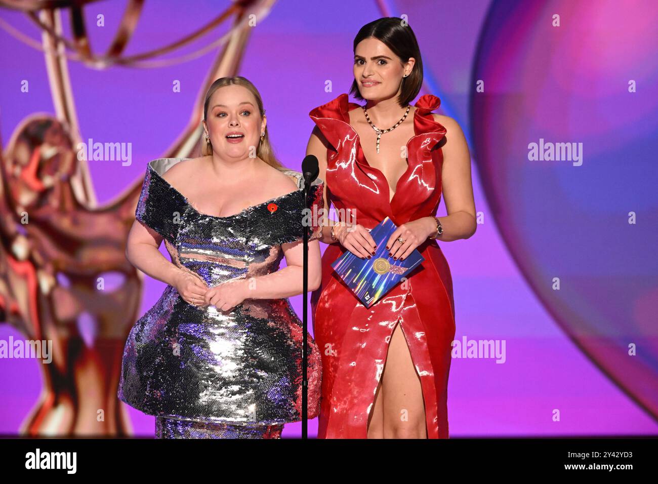 Nicola Coughlan, from left, and Nava Mau speak onstage at the 76th Emmy ...