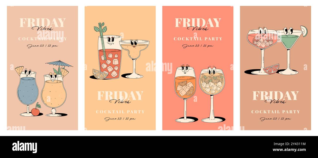 Retro Party Invitation poster set. Funky cocktail characters in groovy ...