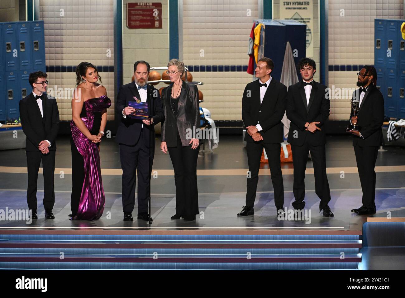Brendan Hunt and Jane Lynch, center, with olympians Stephen Nedoroscik ...
