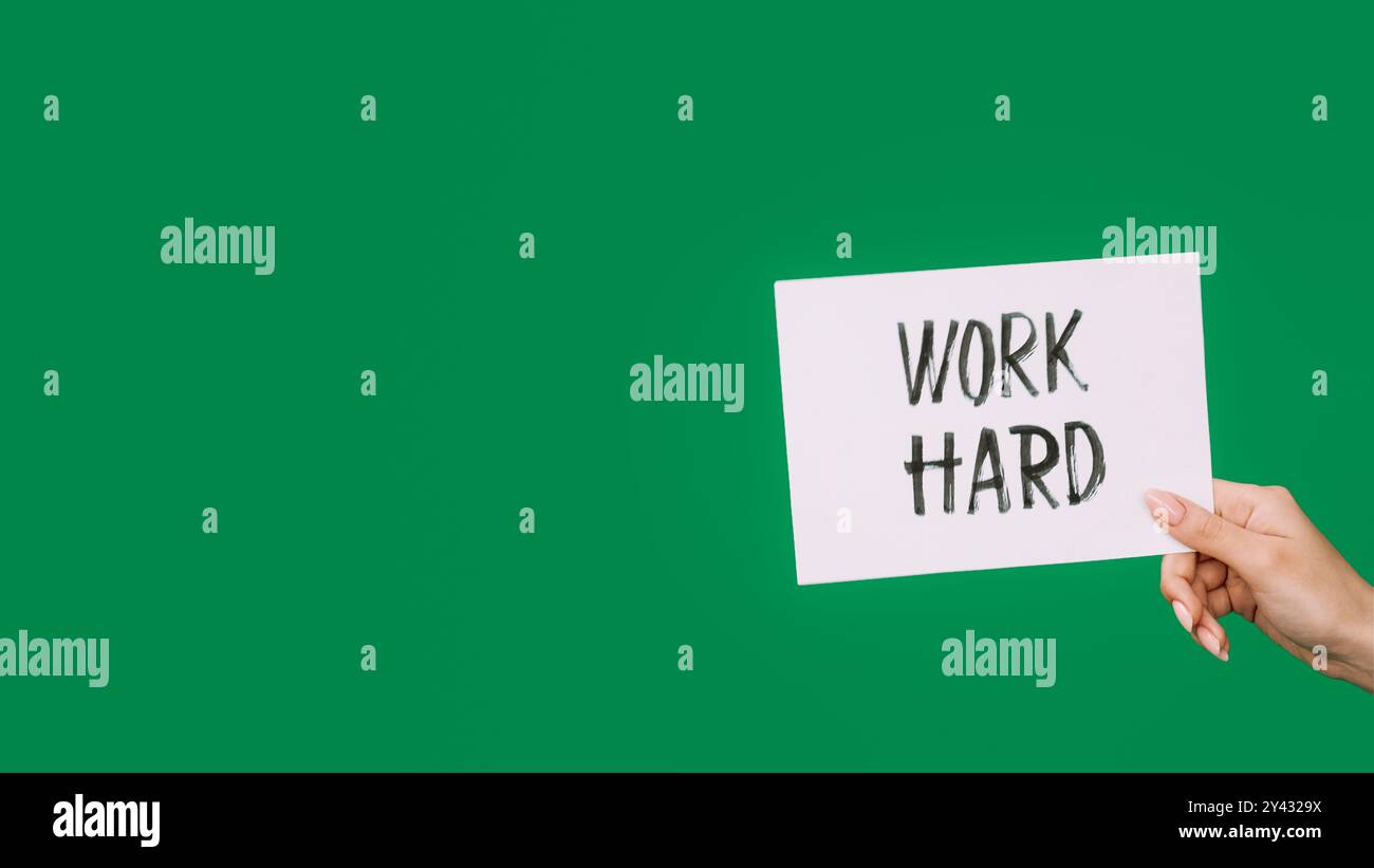 Work hard. Motivation word. Corporate challenge. Female hand showing ...