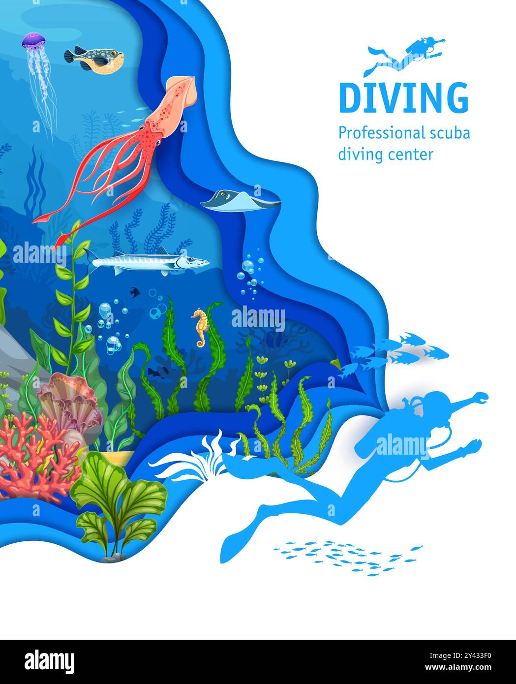 Scuba diving center poster with paper cut underwater landscape and ...