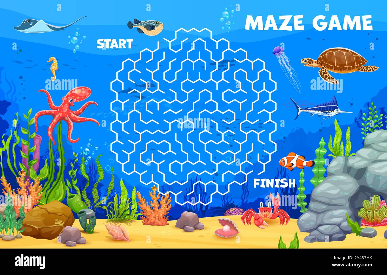 Kids labyrinth maze game with underwater sea animals. Cartoon vector ...